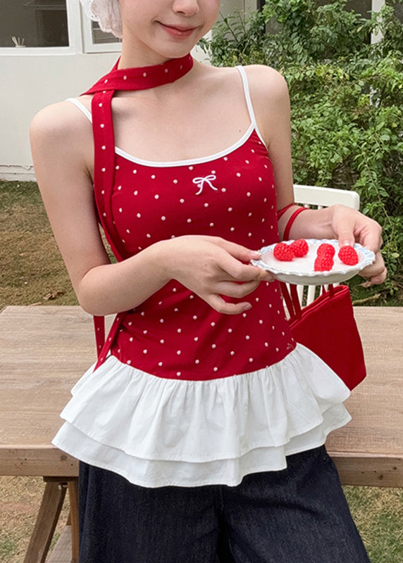 Cute Red Dot Ruffled Patchwork Wrinkled Tank Summer – SooLinen