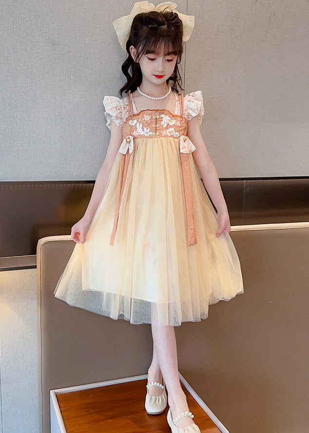 Cute Yellow Slash Neck Embroideried Patchwork Tulle Kids Long Dress Su ...