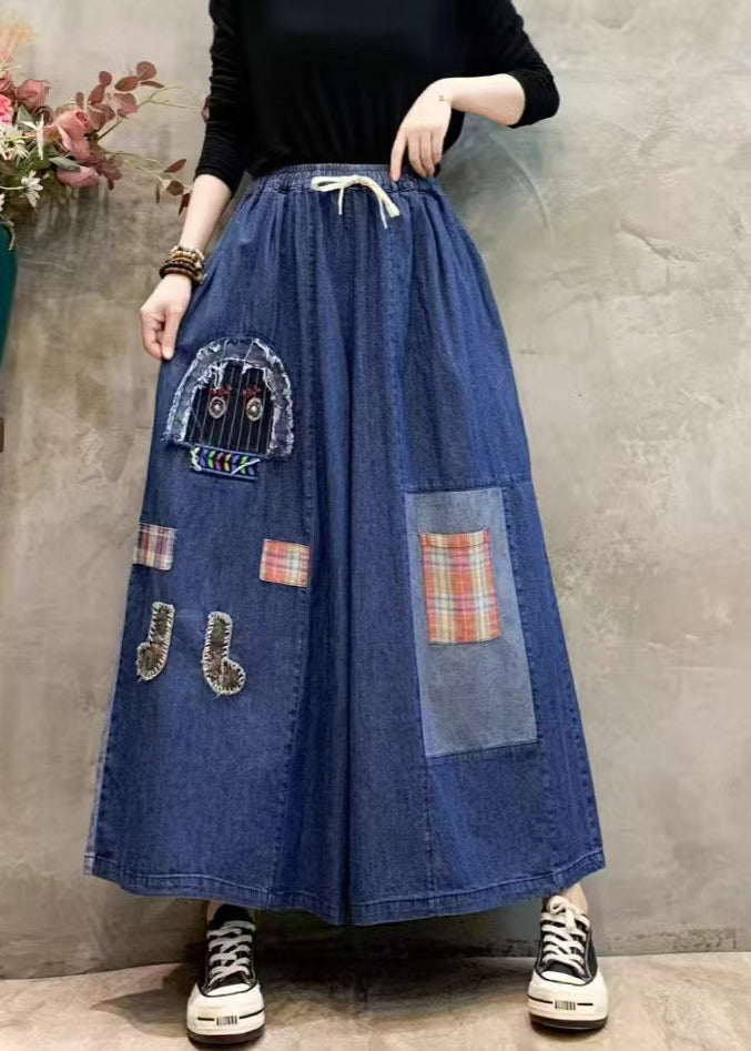 DIY Denim Blue Oversized Patchwork Wide Leg Pants Trousers Summer ...
