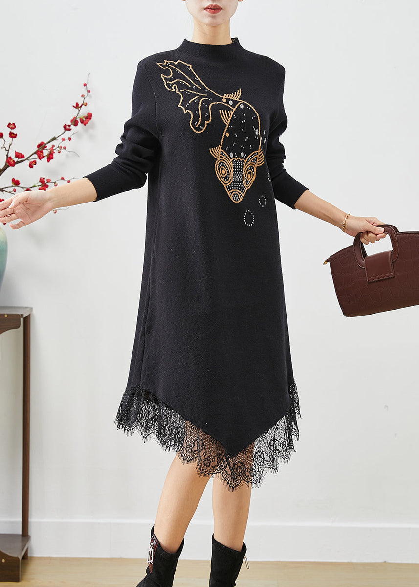Diy Black Asymmetrical Patchwork Knit Dress Fall – SooLinen