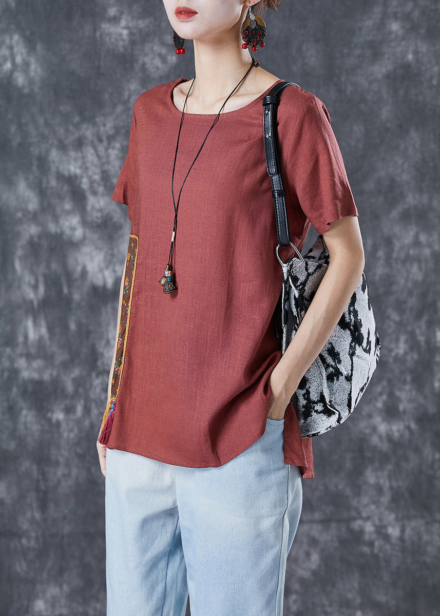 Diy Brick Red Oversized Patchwork Applique Linen Tops Summer – SooLinen