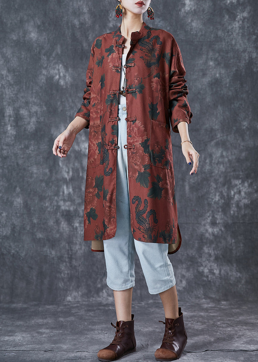 Dull Red Floral Print Linen Chinese Style Shirt Dress Fall – SooLinen