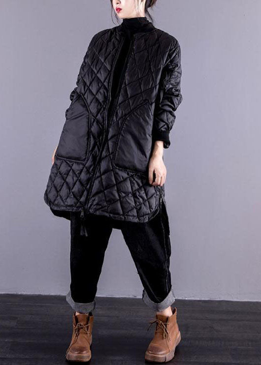 Elegant Black Stand Collar Zip Up Pockets Fine Cotton Filled Coats Win ...