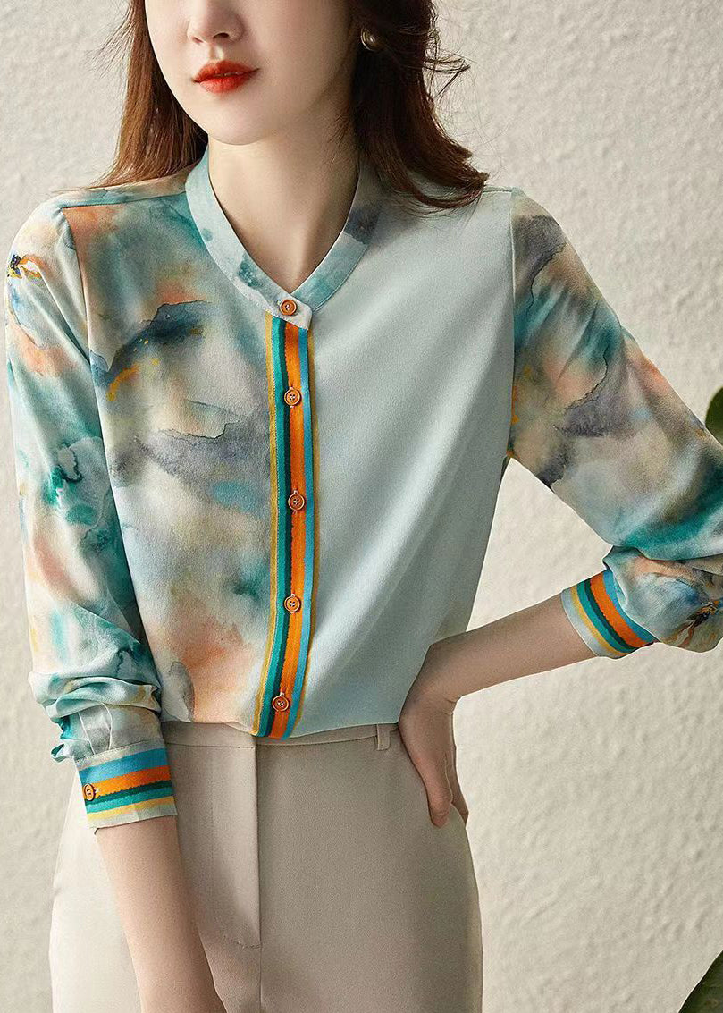 Elegant Blue Print Button Silk Blouses Spring – SooLinen