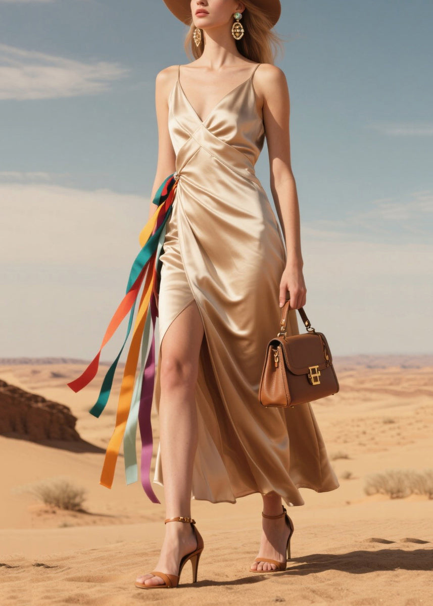 Elegant Coffee Side Open Multicolour Ribbon Silk Sundress Summer – SooLinen