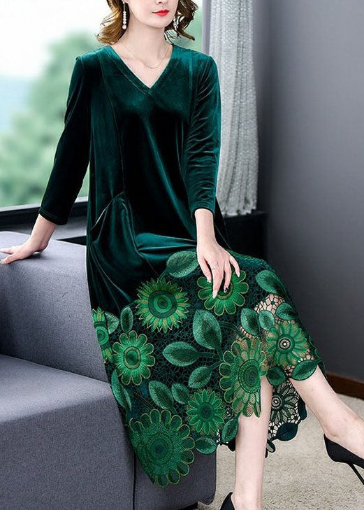 Elegant Green V Neck Print Patchwork Silk Velour Dresses Spring – SooLinen
