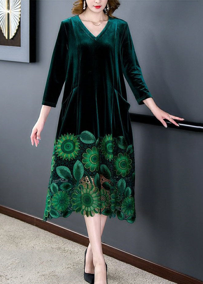 Elegant Green V Neck Print Patchwork Silk Velour Dresses Spring – SooLinen