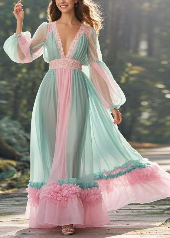 Elegant Green V Neck Ruffled Patchwork Chiffon Long Dress Spring – SooLinen