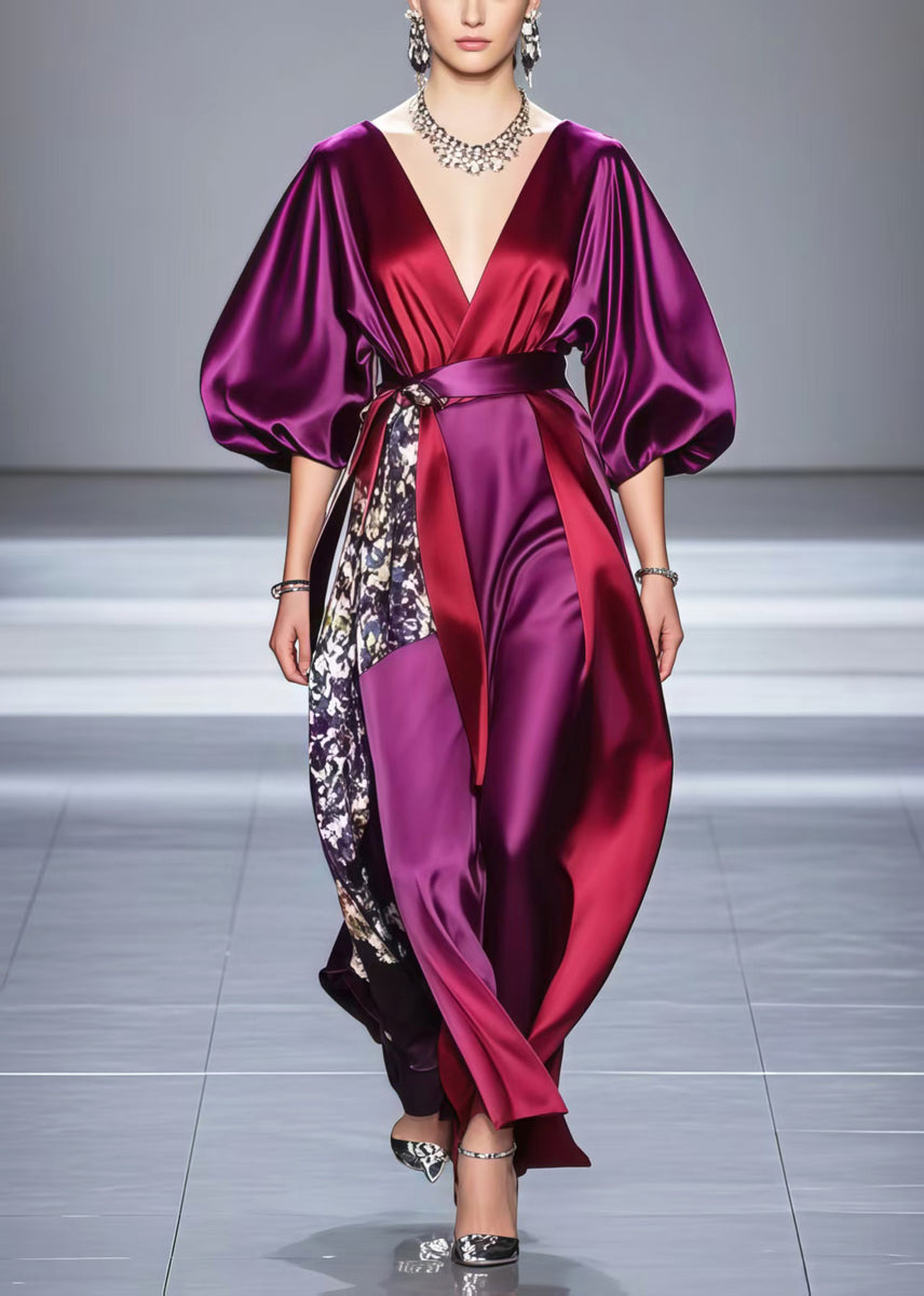 Elegant Purple Asymmetrical Patchwork Silk Dresses Lantern Sleeve ...