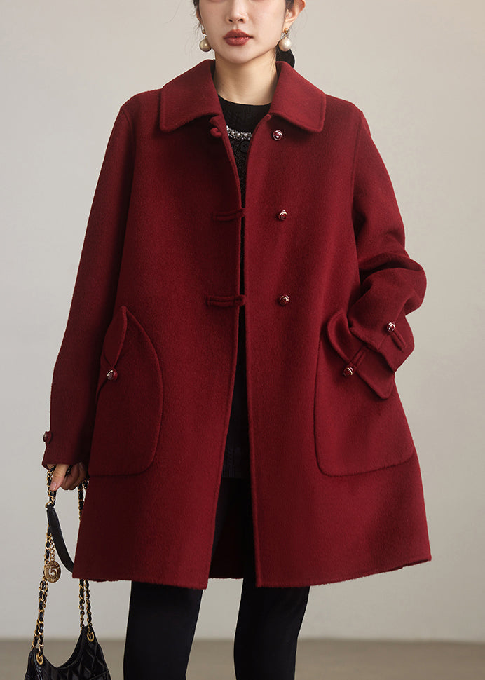 Elegant Red Peter Pan Collar Button Woolen Coats Spring – SooLinen
