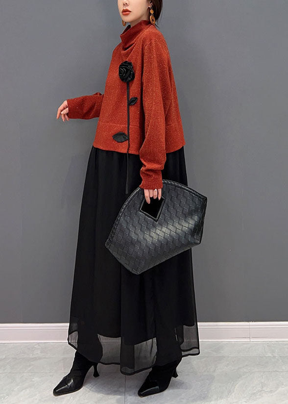 Elegant Red Turtle Neck Floral Patchwork Tulle Fake Two Piece Dresses ...