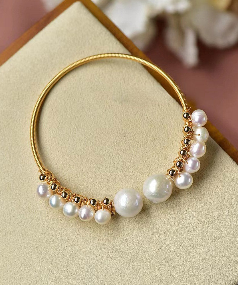 Elegant White 14K Gold Pearl Asymmetric Cuff – SooLinen