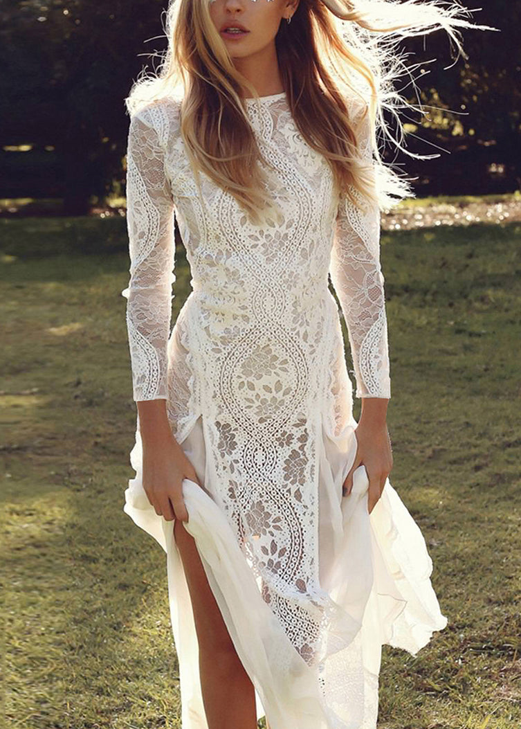 Elegant White Backless Hollow Out Lace Maxi Dresses Spring – SooLinen