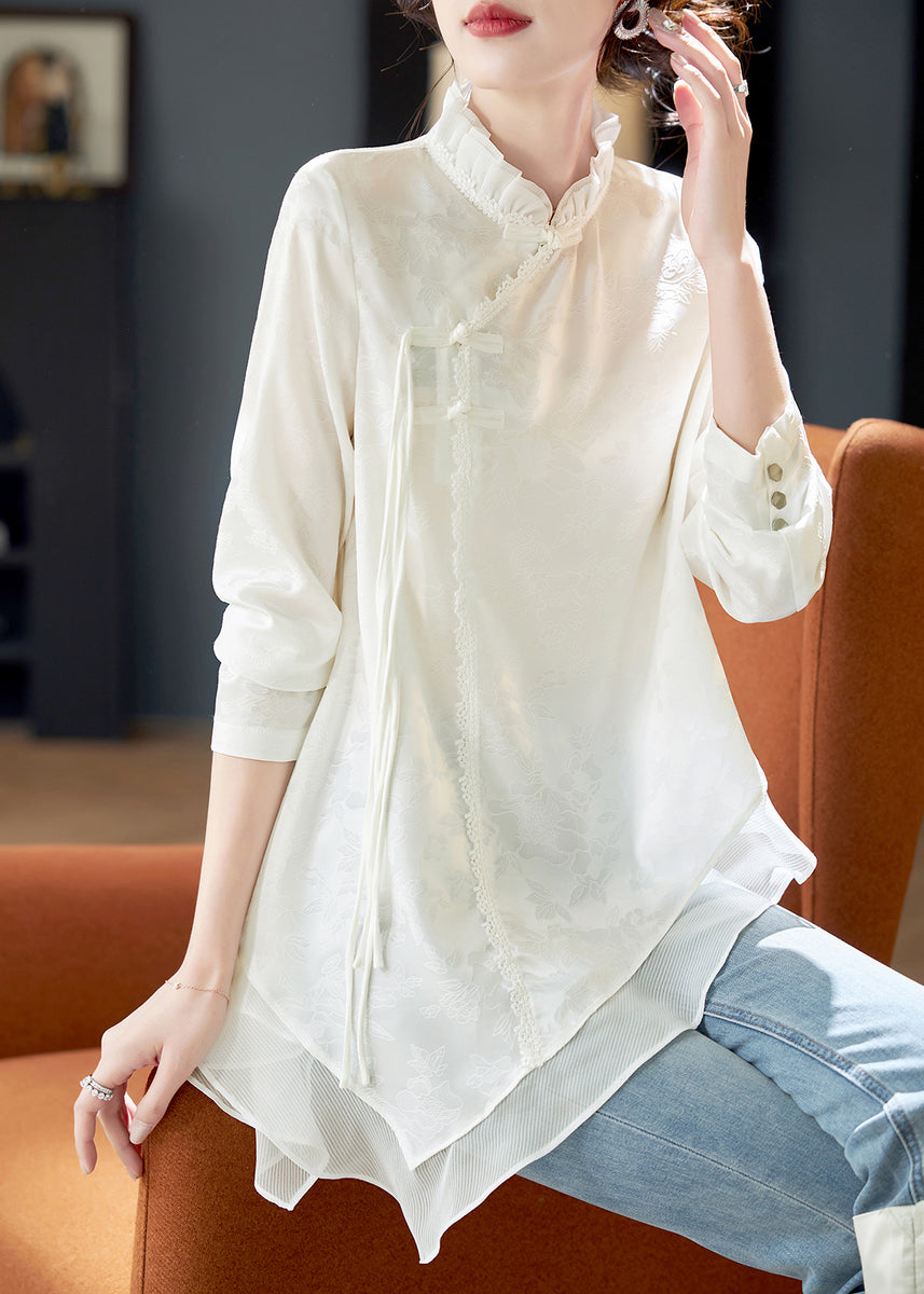 Elegant White Ruffled Chinese Button Chiffon Shirt Long Sleeve – SooLinen