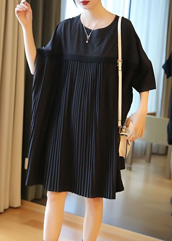 Fashion Black Oversized Patchwork Pleated Mid Dress Half Sleeve – SooLinen