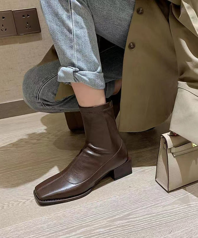 Fashion Brown Chunky Boots Splicing Zippered – SooLinen