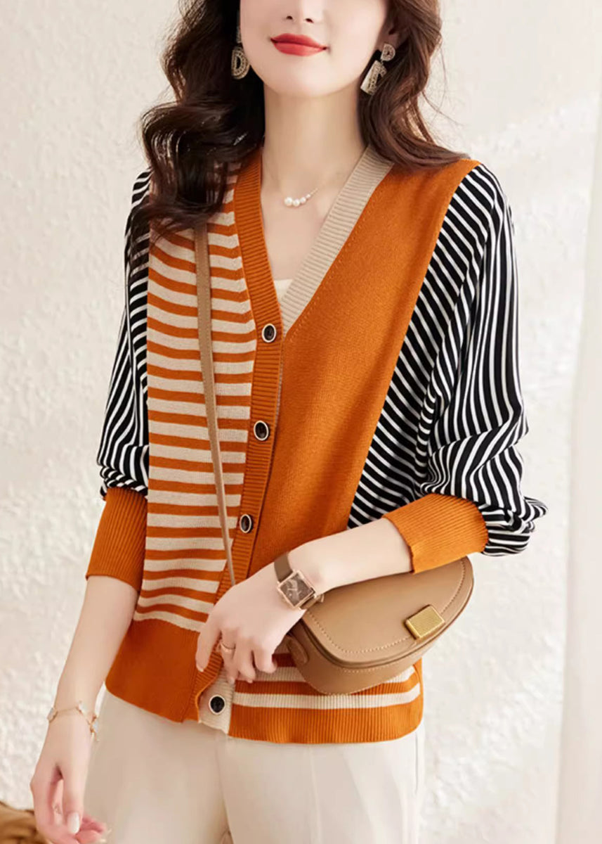 Fashion Orange V Neck Striped Button Woolen Sweater Spring – SooLinen
