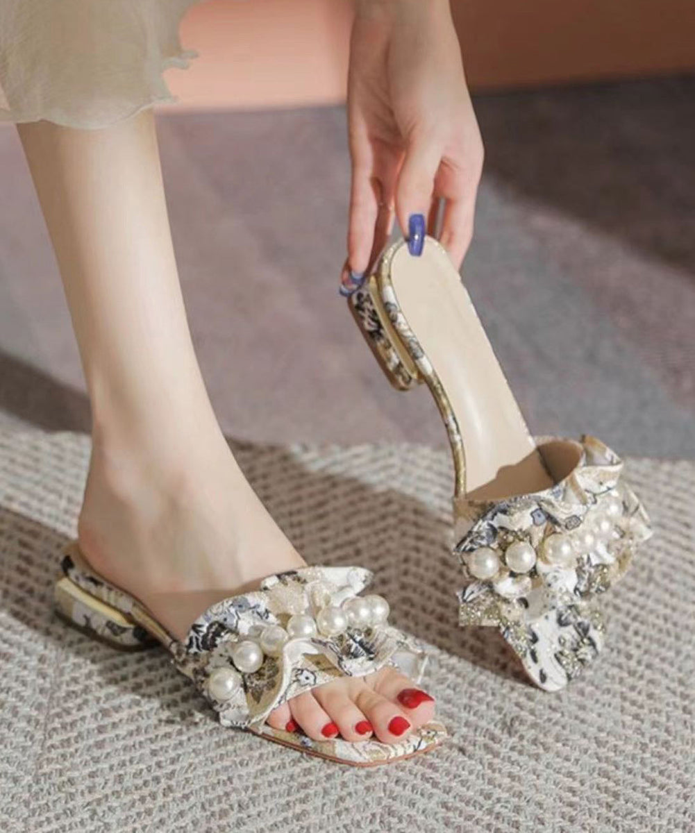 Fine Apricot Flower Splicing Pearl Peep Toe Flip Flops – SooLinen