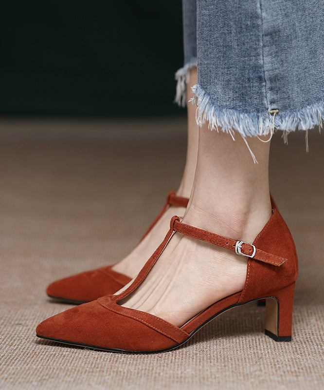 Fine Buckle Strap Splicing High Heel Red Suede Pointed Toe – SooLinen