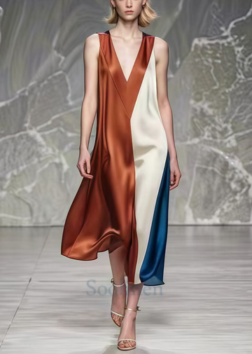 Fine Colorblock V Neck Patchwork Silk Vacation Dresses Summer – SooLinen
