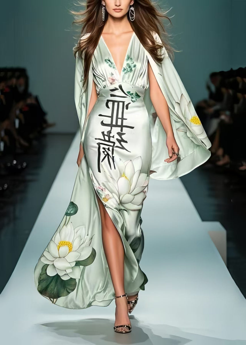 Fine Green Print Side Open Silk Robe Dresses Cloak Sleeves – SooLinen