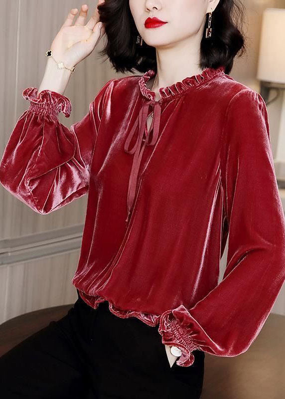Fine Red Ruffled Solid Lace Up Silk Velour Shirts Long Sleeve – SooLinen