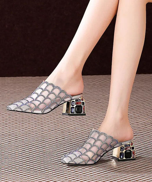 Fine Splicing Chunky Slide Sandals Silver Tulle Zircon Pointed Toe ...