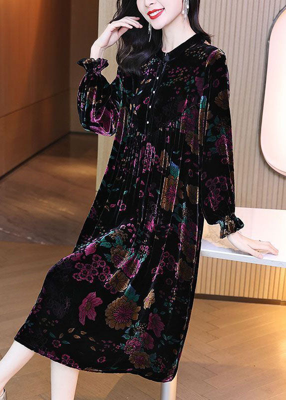 Fitted Black Oversized Patchwork Print Wrinkled Silk Velour Long Dress ...