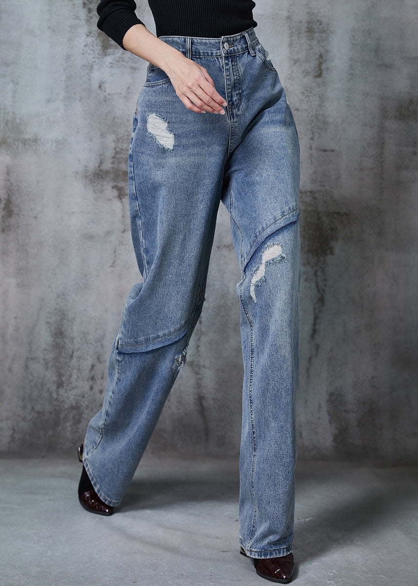 Fitted Blue Patchwork Denim Pants Ripped Jeans Fall – SooLinen