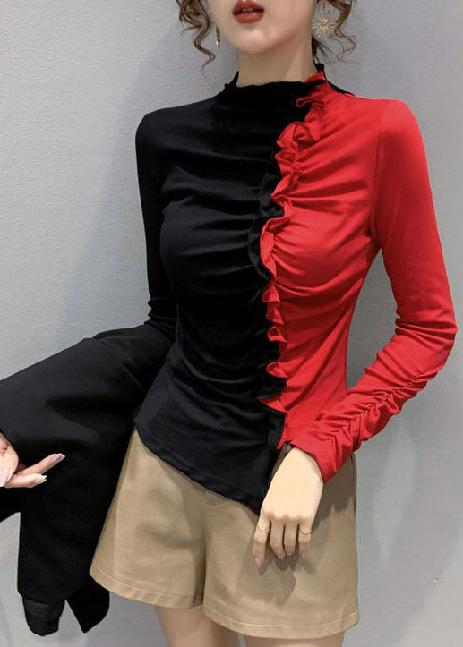Fitted Colorblock Asymmetrical Ruffled Patchwork Cotton Tops Long Slee ...