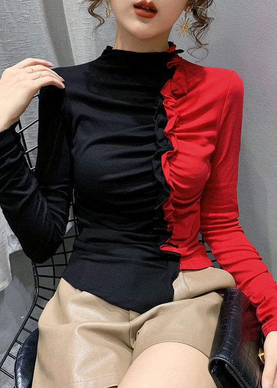 Fitted Colorblock Asymmetrical Ruffled Patchwork Cotton Tops Long Slee ...