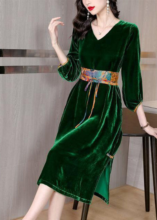 Fitted Green V Neck Side Open Silk Velour Cinch Dresses Fall – SooLinen