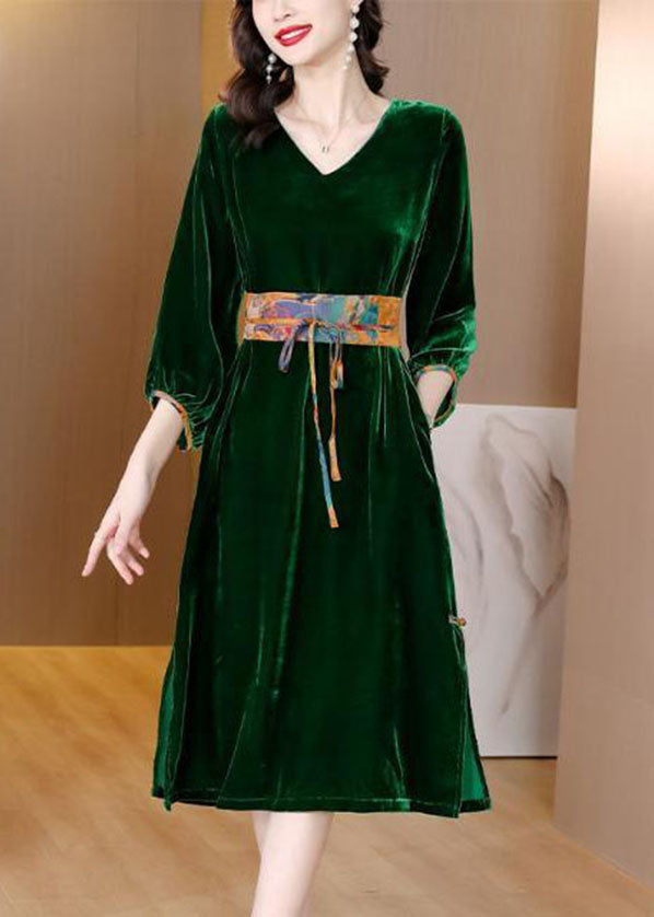 Fitted Green V Neck Side Open Silk Velour Cinch Dresses Fall – SooLinen