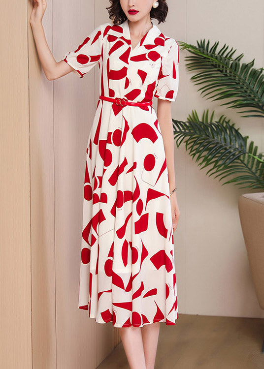 Fitted Red Peter Pan Collar Print Chiffon Dress Summer – SooLinen