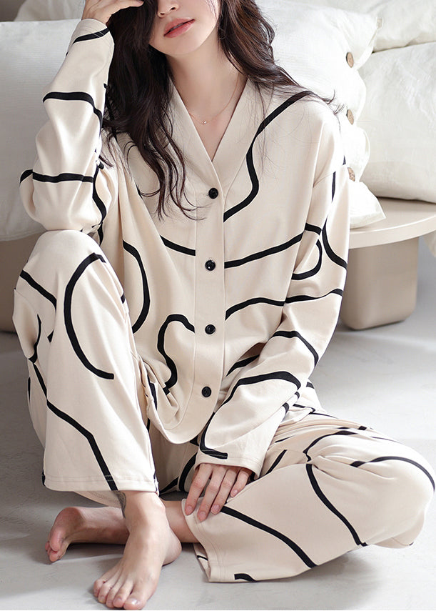 French Apricot Striped Button Cotton Pajamas Two Piece Set Fall – SooLinen