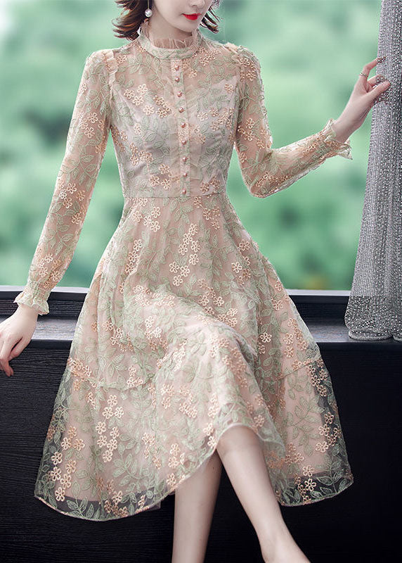 French Beige Stand Collar Embroideried Exra Large Hem Tulle Dresses Sp ...