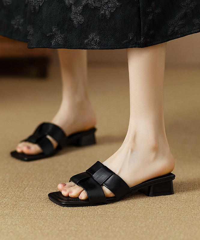 French Black Splicing Chunky Slide Sandals Peep Toe – SooLinen