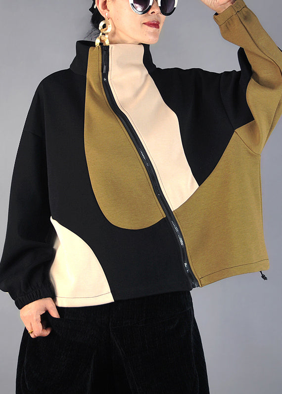 French Black Zip Up Patchwork Cotton Top Spring – SooLinen