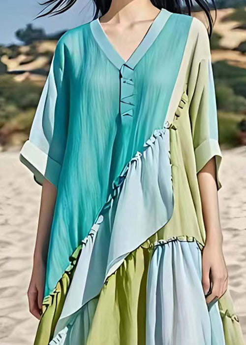 French Blue Asymmetrical Ruffled Chiffon Dress Half Sleeve – SooLinen