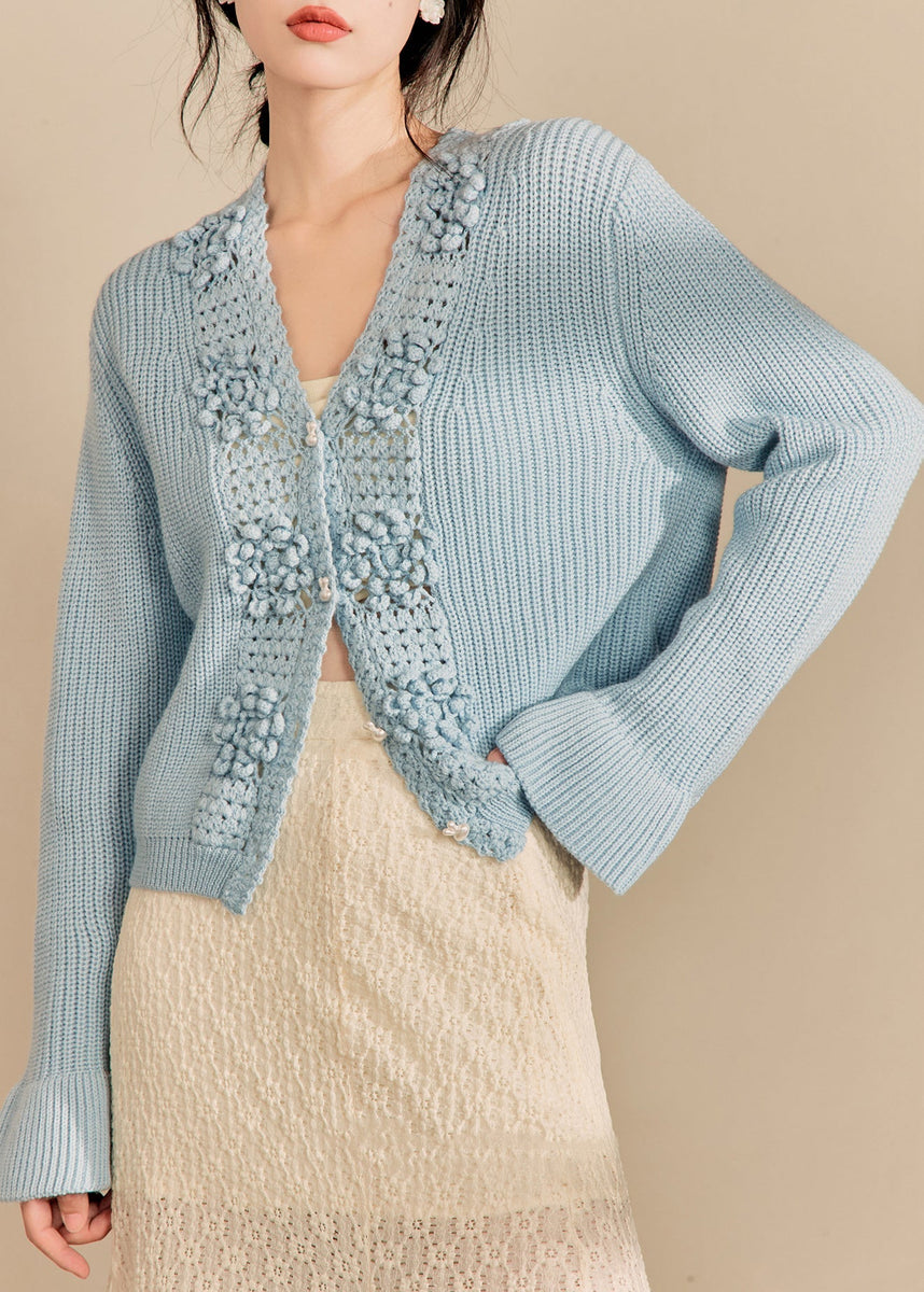 French Blue Button Hollow Out Knit Sweaters Flare Sleeve – SooLinen