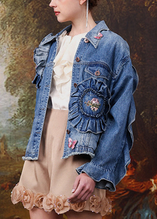 French Blue Embroidered Ruffled Patchwork Denim Coats Spring – SooLinen
