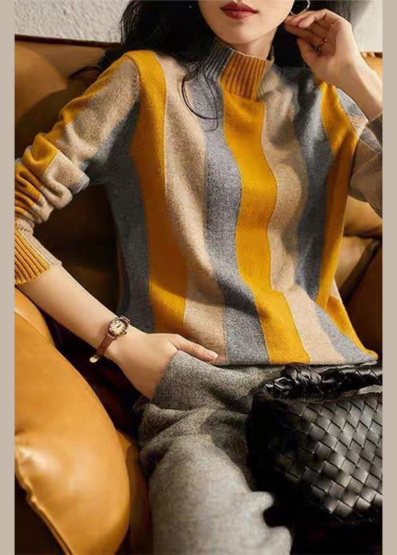 French Blue Half Hign Neck Striped Knitted Sweaters Fall – SooLinen