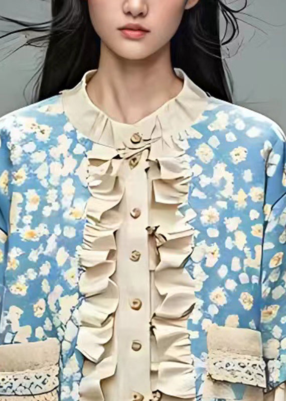 French Blue O-Nec Print Ruffled Shirt Tops Summer – SooLinen