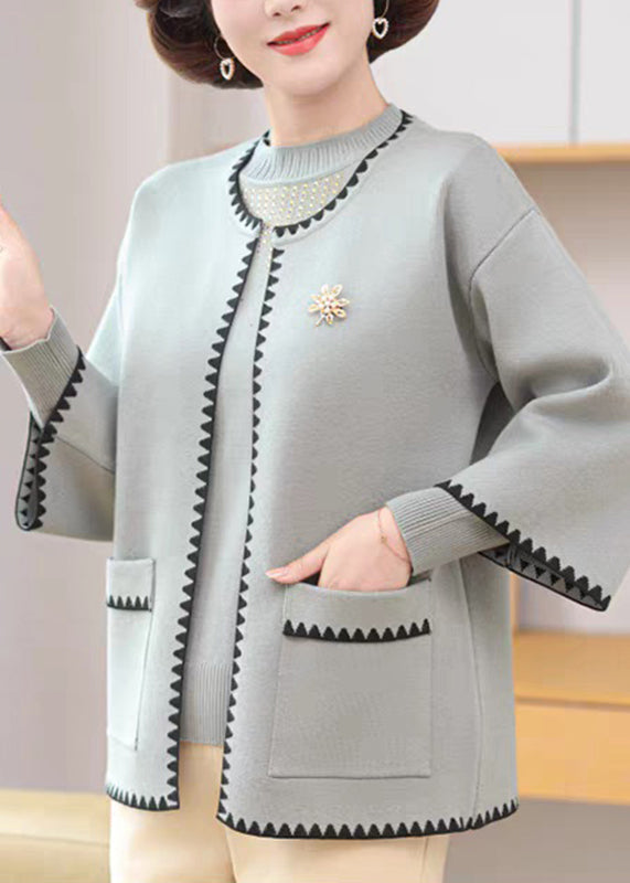 French Blue Patchwork Cotton Knit Cardigans And Sweaters Two Pieces Set ...