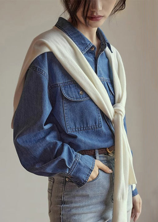 French Blue Peter Pan Collar Button Patchwork Denim Blouses Fall – SooLinen