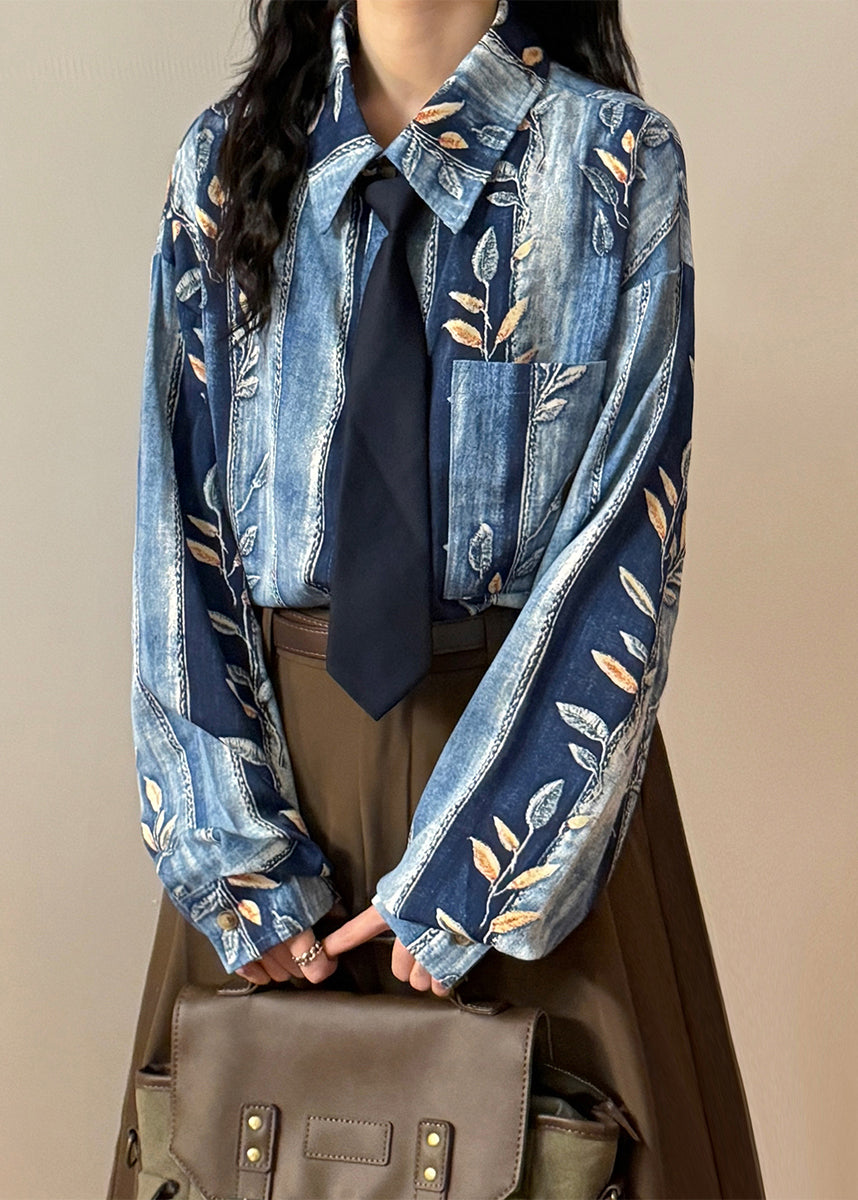 French Blue Peter Pan Collar Striped Print Denim Blouses Spring – SooLinen