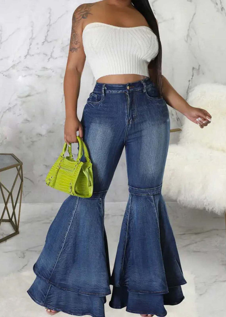 French Blue Ruffles Patchwork Denim Bell-bottom Trousers Summer – SooLinen