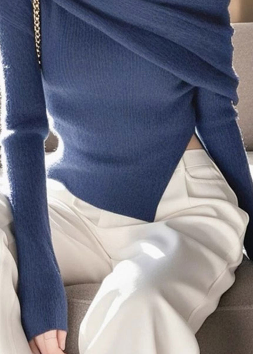 French Blue Slash Neck Asymmetrical Knit Sweaters Spring – SooLinen