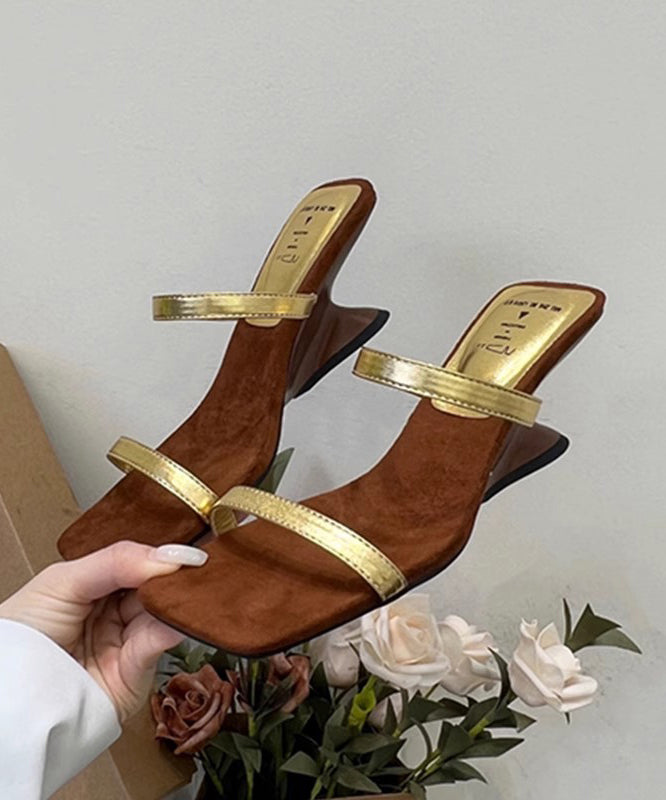 French Gold Wedge Heel Slide Sandals Peep Toe – SooLinen