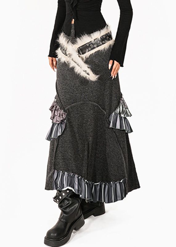 French Grey Fuzzy Fur Fluffy Patchwork High Waist Knit Fishtail Skirts ...